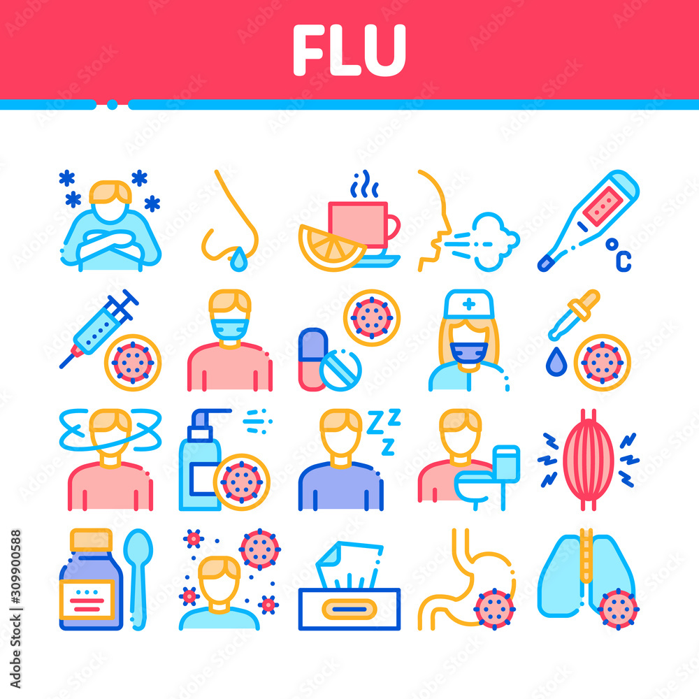 Flu Symptoms Medical Collection Icons Set Vector Thin Line. Chills And ...