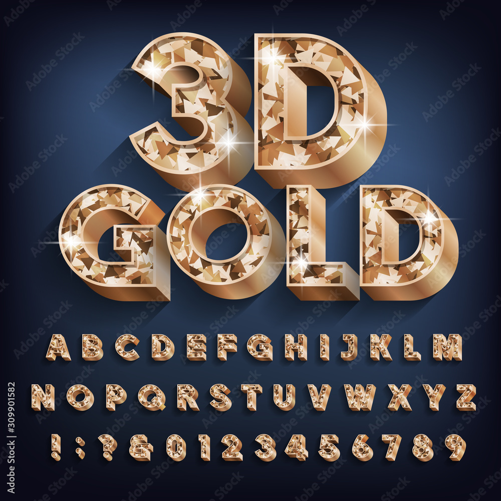 3D Gold alphabet font. Bold glitter letters, numbers and symbols with ...