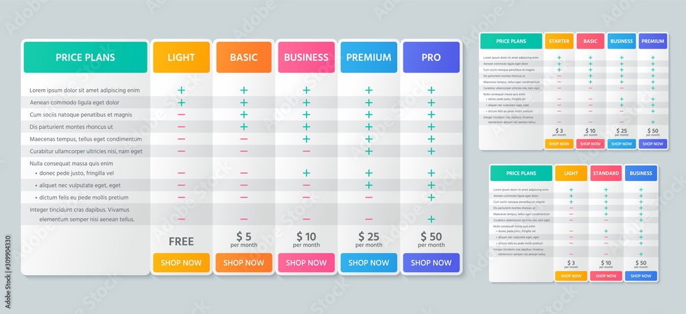 Table price comparison. Vector. Chart plan template. Set pricing grid ...