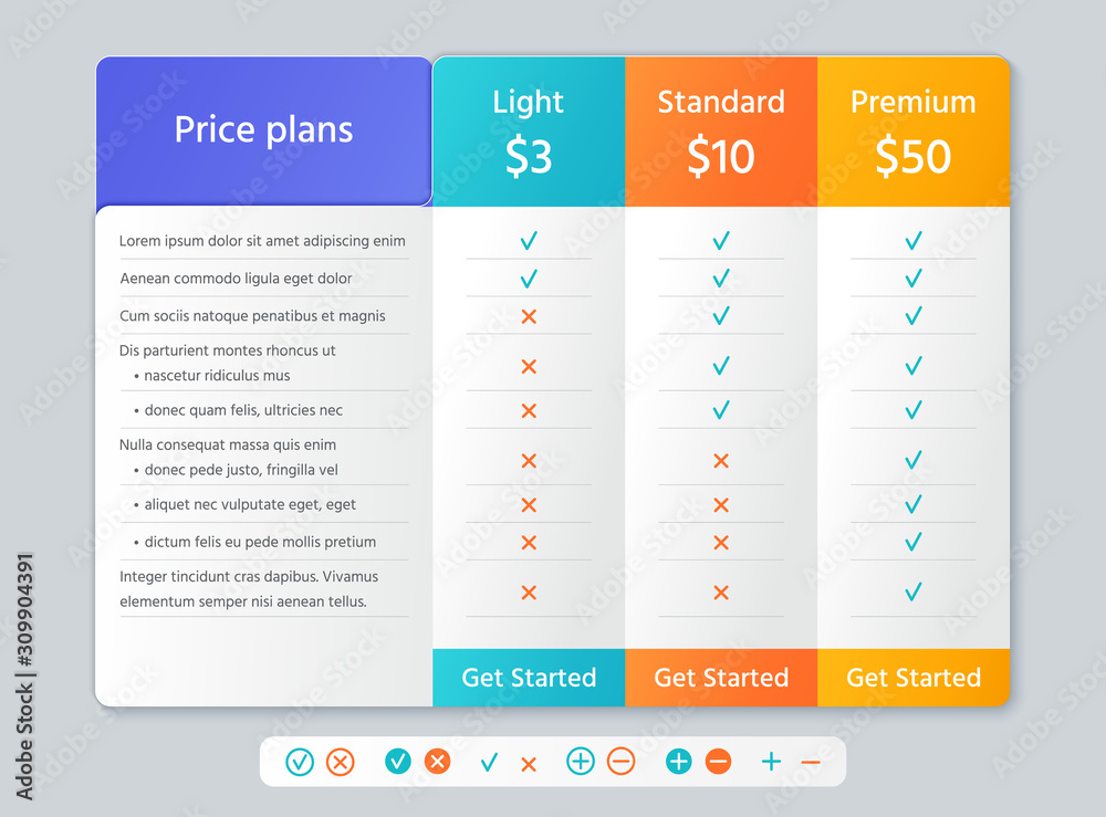 Table price chart. Vector. Comparison plan template with 3 columns ...