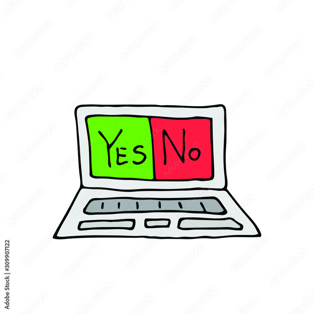 Computer with the words yes, no on-screen and keyboard. Voting, choice ...