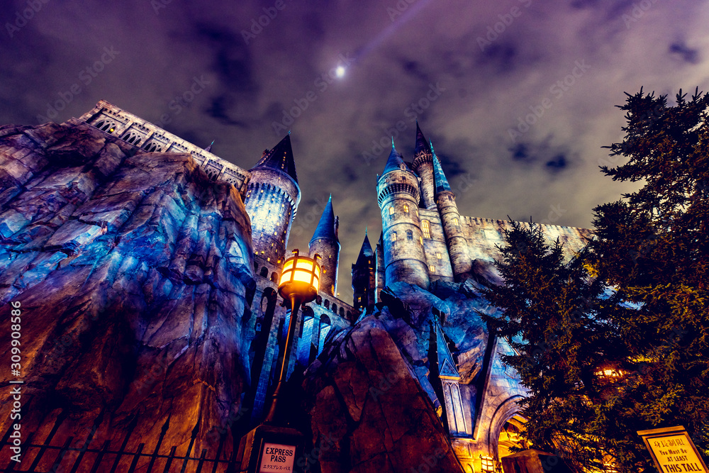 OSAKA, JAPAN - AUGUST 12, 2018: Night view of Hogwarts Castle. The ...