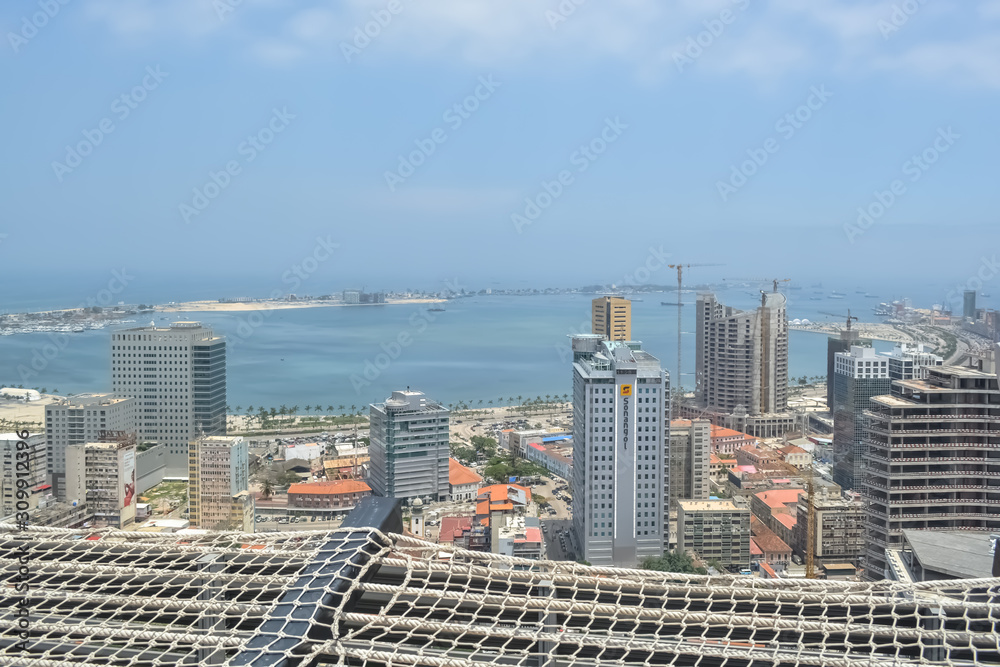 Aerial view of downtown Luanda, bay and Port of Luanda, marginal and ...