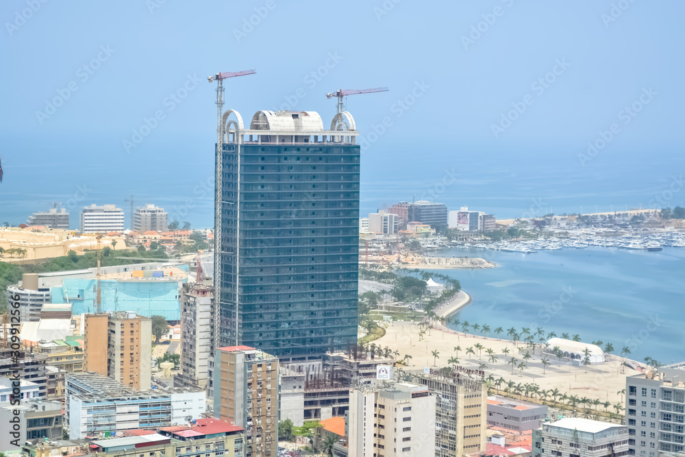 Aerial view of downtown Luanda, bay and Port of Luanda, marginal and ...