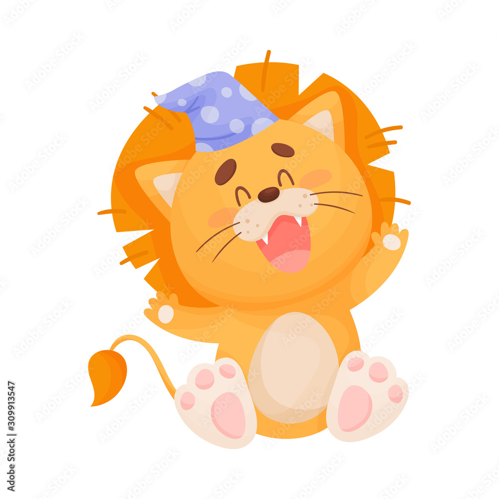 Cartoon Sleepy Lion Wearing Night Cap Sitting and Yawning Vector ...
