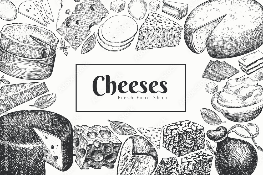 Cheese design template. Hand drawn vector dairy illustration. Engraved ...