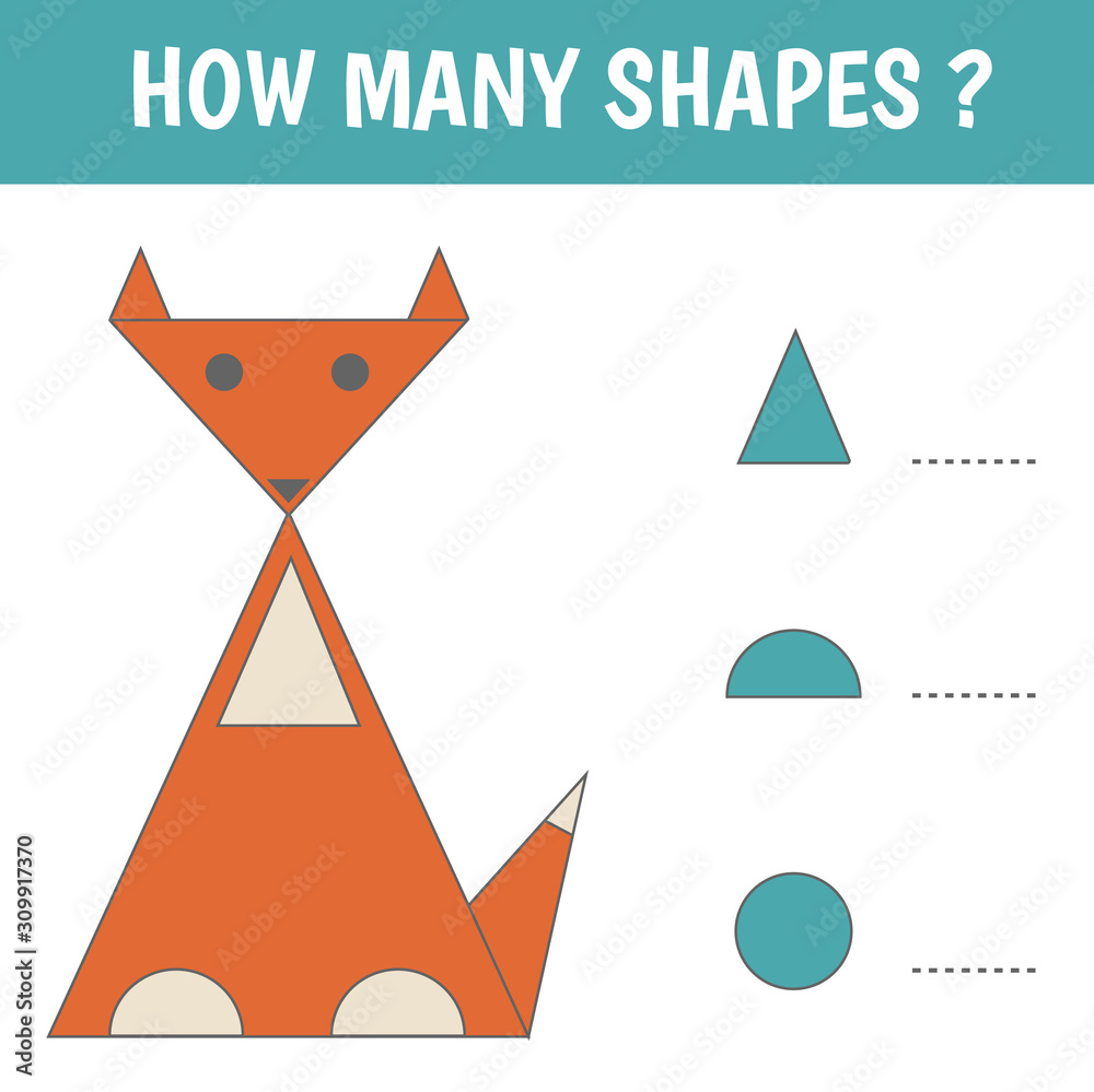 Educational game for kids. Geometrical figure fox. Count how many ...