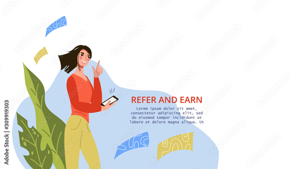 Refer and Earn - banner with woman character sanding inviting messages ...