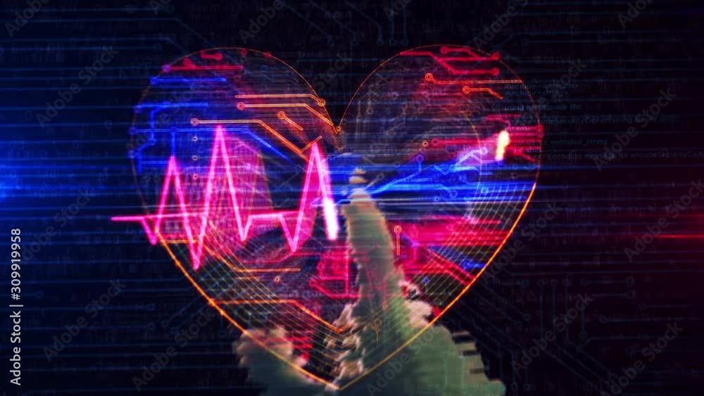 Cyber heart pulse symbol futuristic 3D rendering animation. Hand finger ...