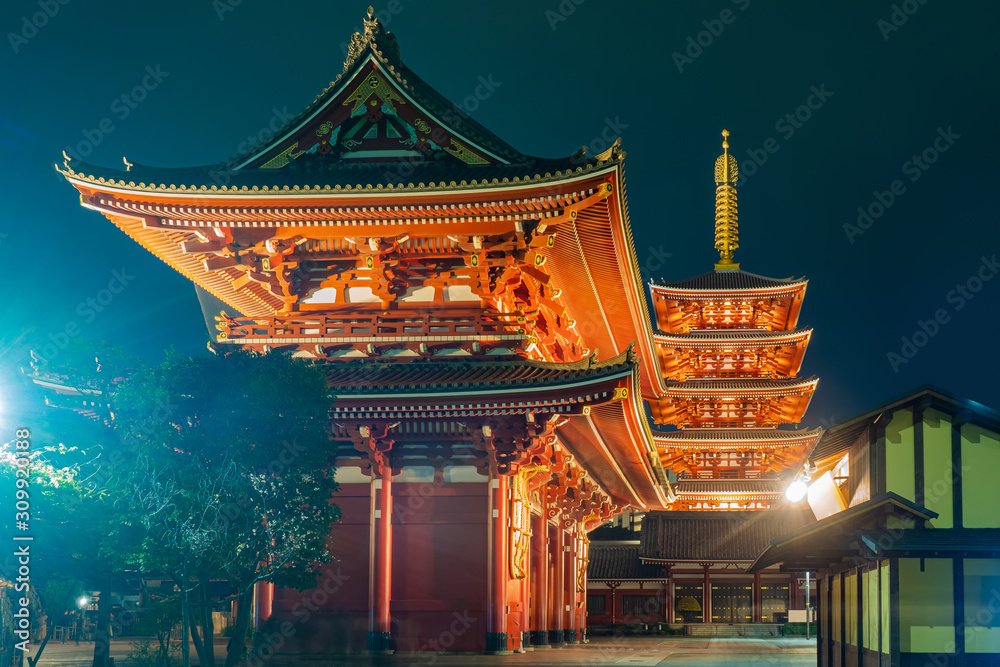 Japan. Tokyo. Asakusa. Buddhist temples in night Tokyo. Travel to ...
