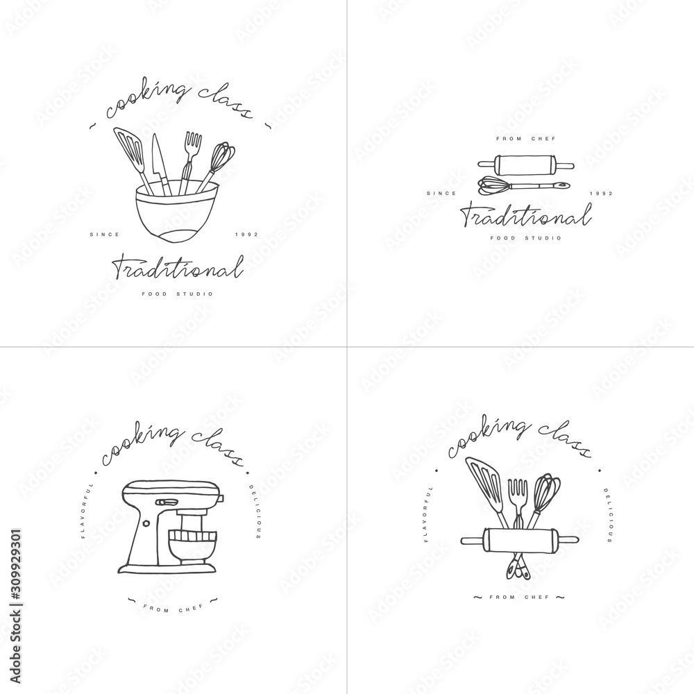 Cooking class linear design elements, set of kitchen emblems, symbols ...