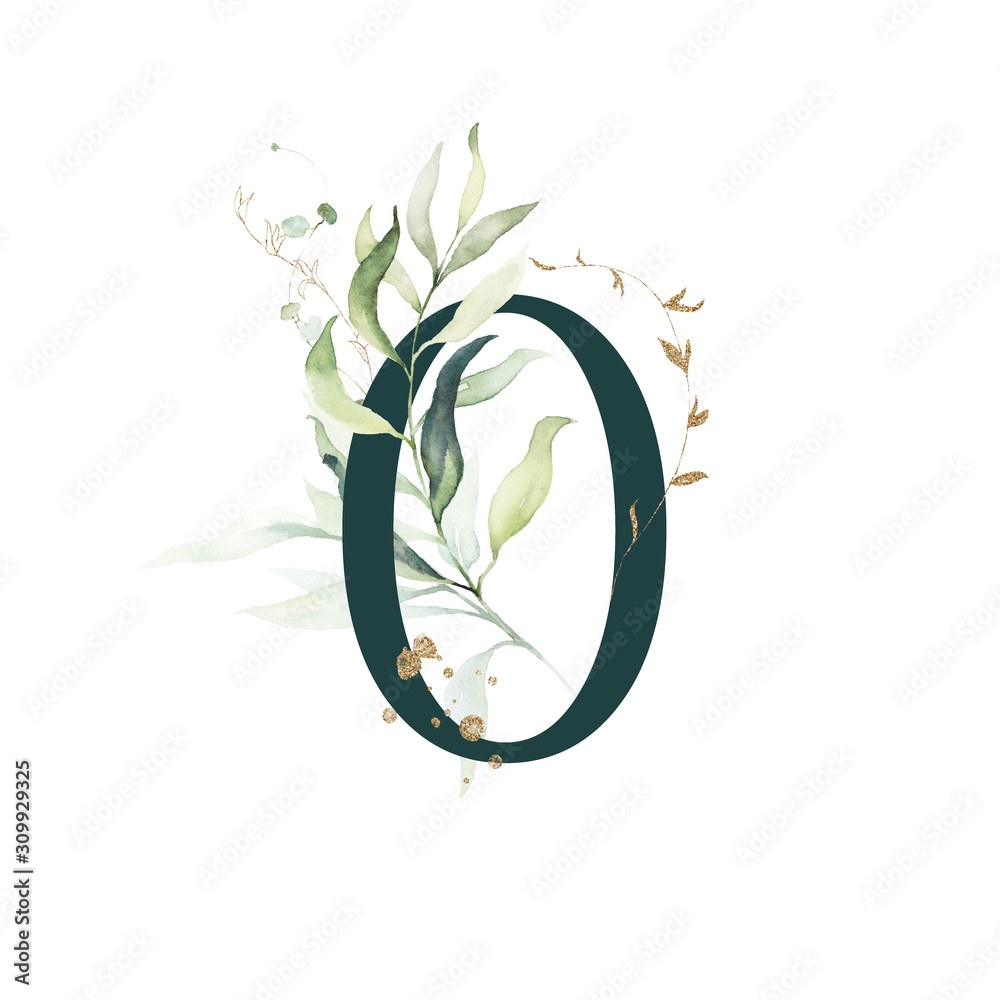 Dark Green Floral Numbers - digit 0 with gold and green botanic branch ...