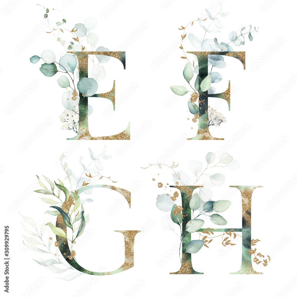 Gold Green Floral Alphabet Set - letters E, F, G, H with green leaves ...