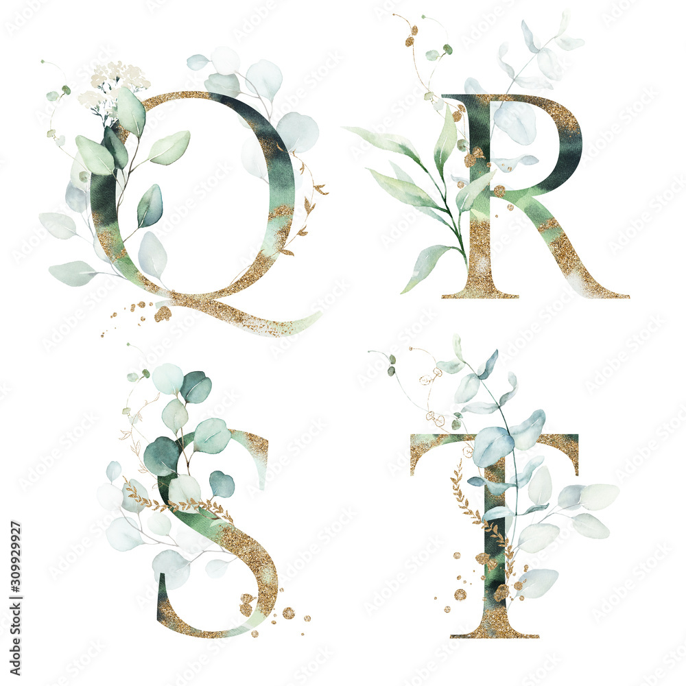 Gold Green Floral Alphabet Set - letters Q, R, S, T with green leaves ...