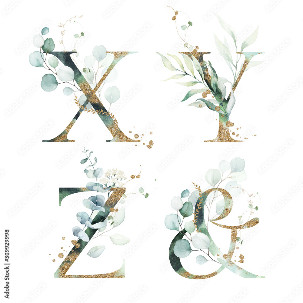 Gold Green Floral Alphabet Set - letters X, Y, Z, & ampersand with ...