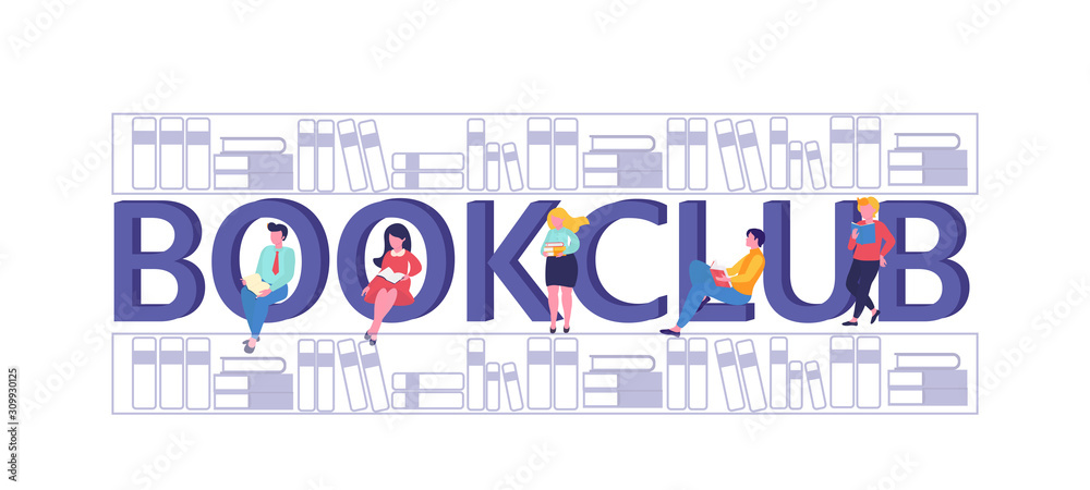 Book club logo. Young people standing and sitting near capital letters ...