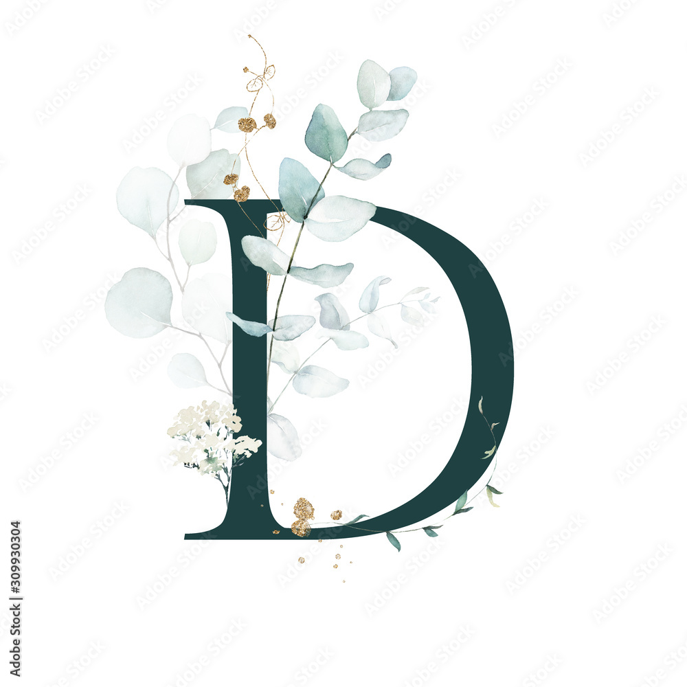 Dark Green Floral Alphabet - letter D with gold and green botanic ...
