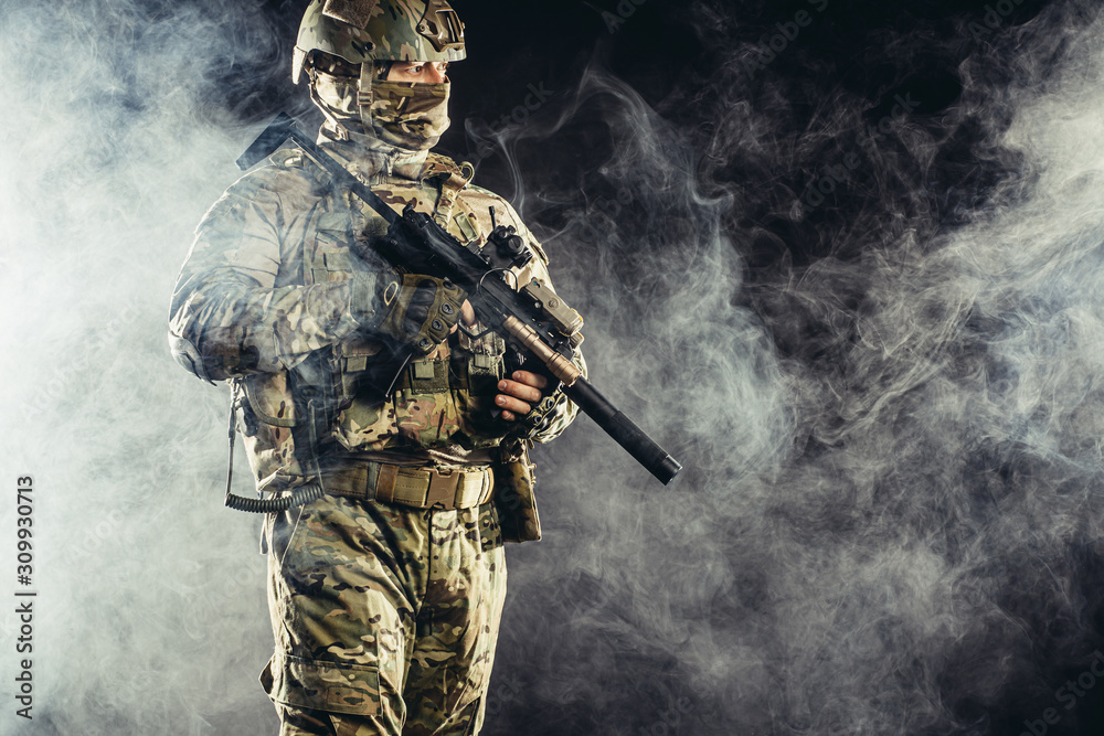 military, army, soldiers concept. brave young soldier prepare to attack ...