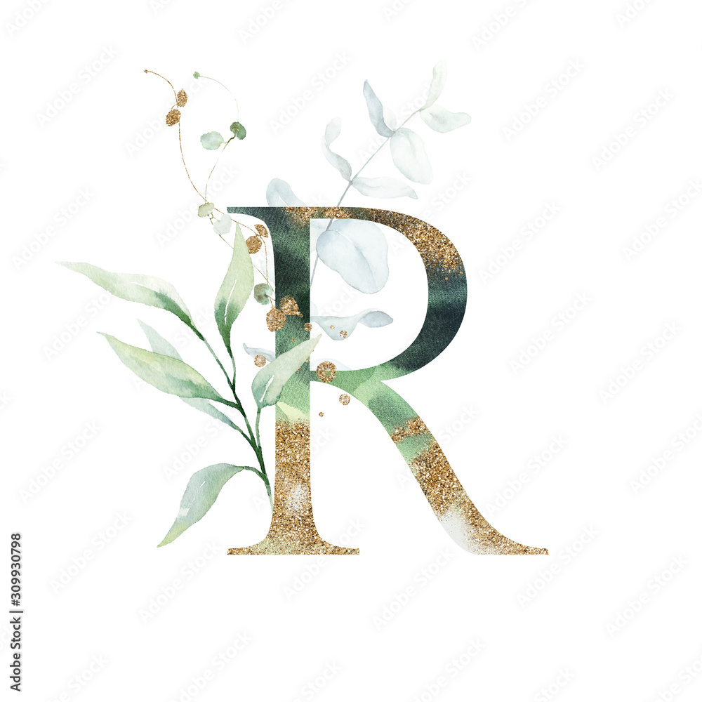 Gold Floral Alphabet - letter R with gold and green botanic branch leaf ...