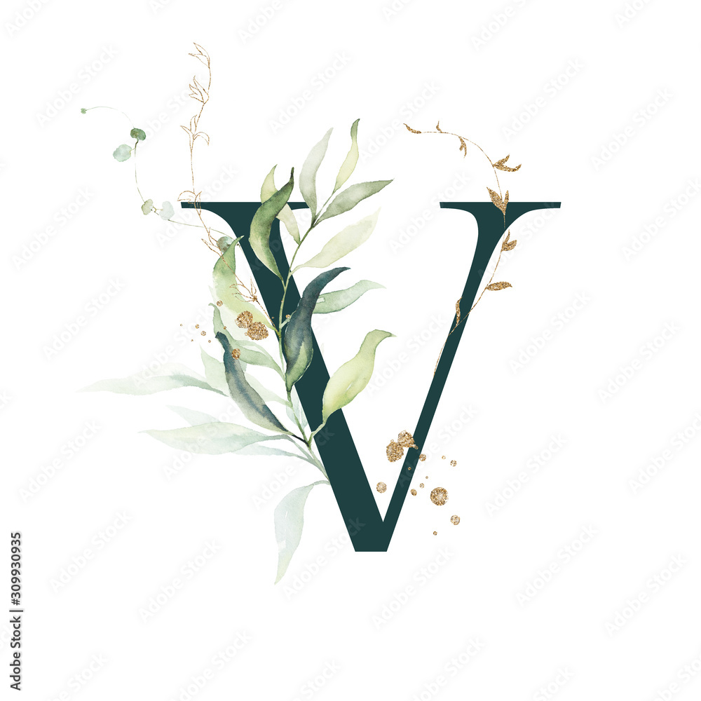 Dark Green Floral Alphabet - letter V with gold and green botanic ...