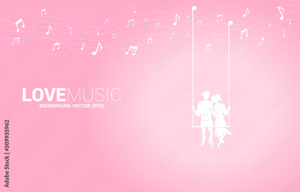 Lover couple sitting together on swing from music note. concept for ...