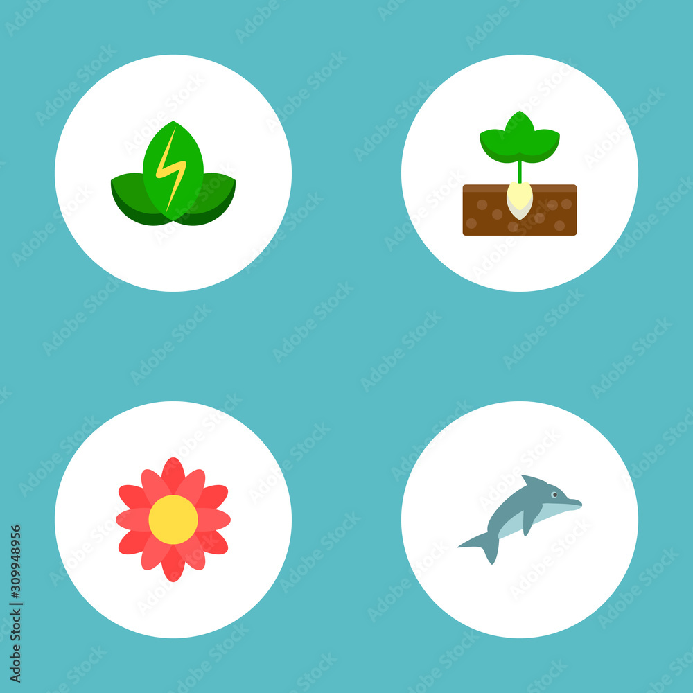 Set of nature icons flat style symbols with plant, dolphin, green power ...
