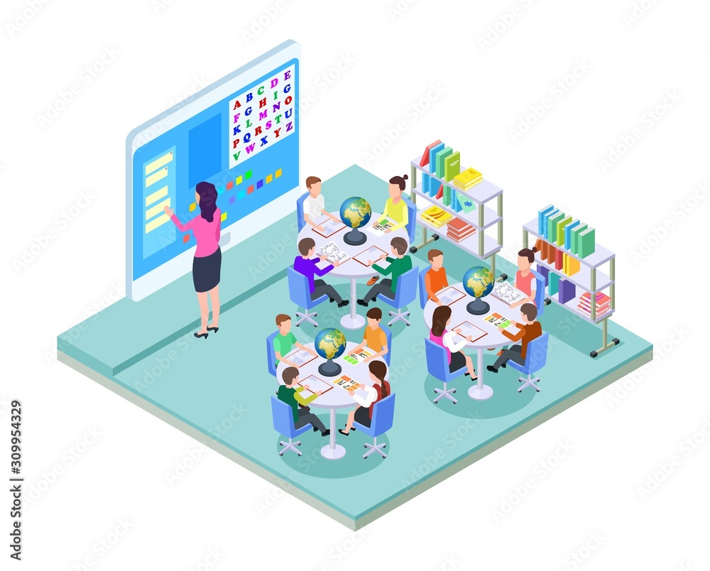 School room. Elementary school class location. Isometric classroom ...