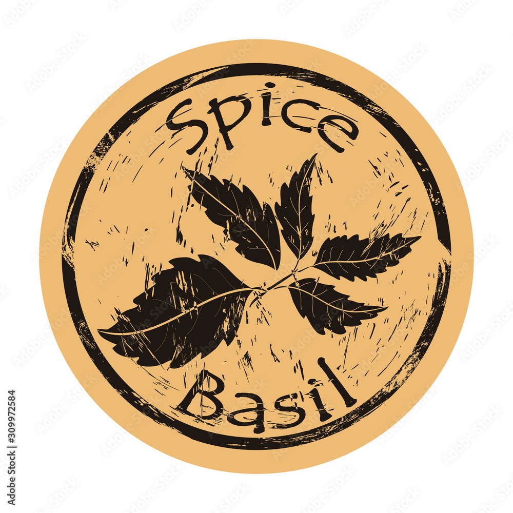 Basil spice view icon vector round shabby emblem design, old retro ...