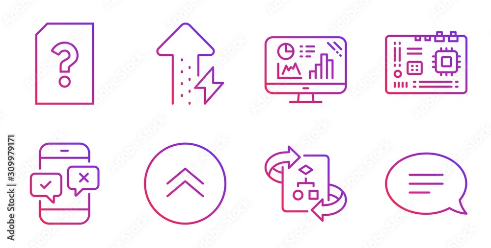Analytics graph, Unknown file and Energy growing line icons set. Swipe up, Technical algorithm ...
