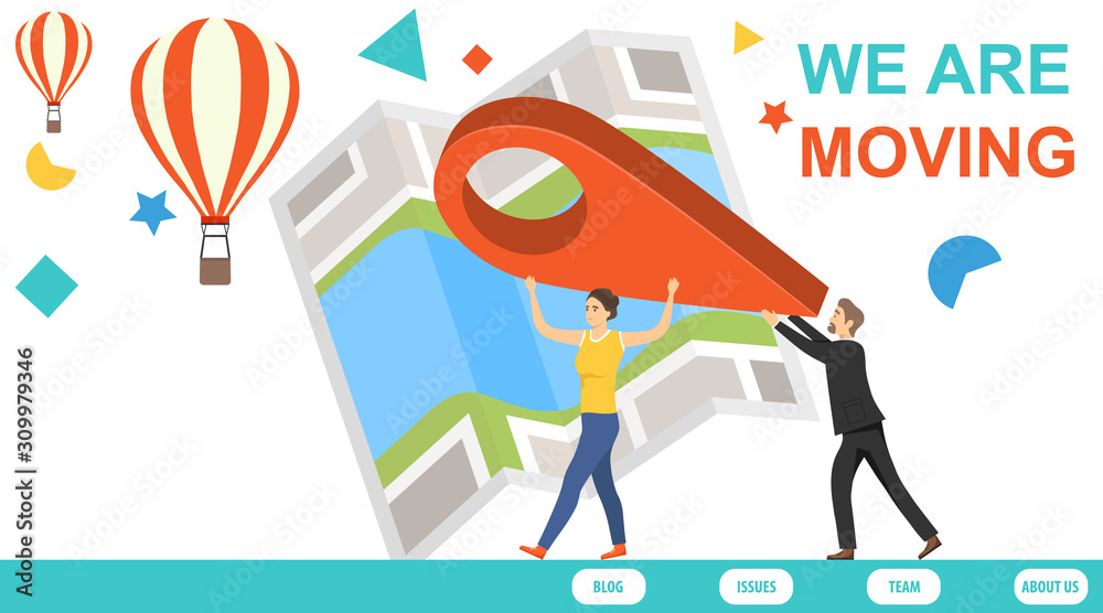 Moving a website. We moved. A business man and woman carry a location ...
