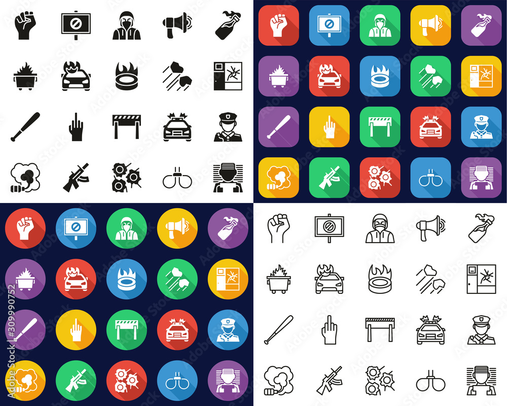Violent Protest Or Demonstration Icons -Black & White-Color Flat Design ...