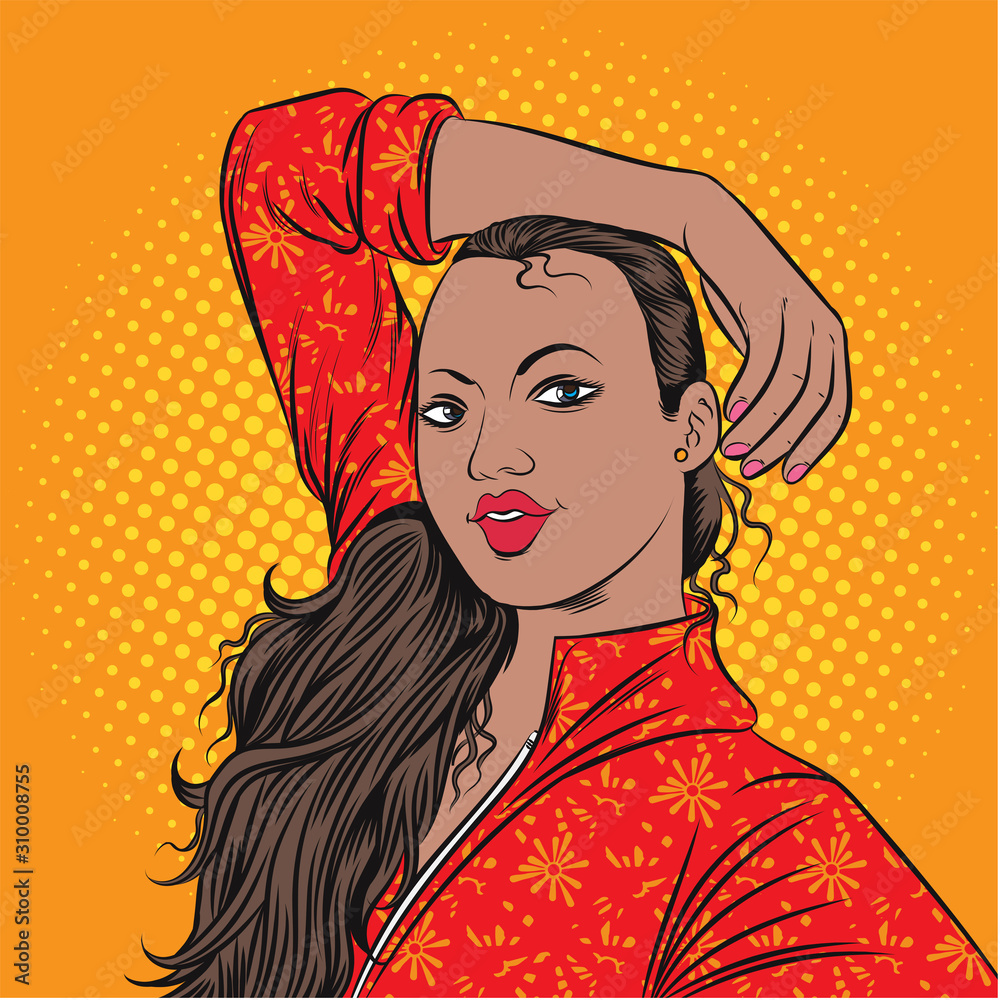 Dark Skin Women With Long Hair Poses Put Your Arms On The Head Pop Art