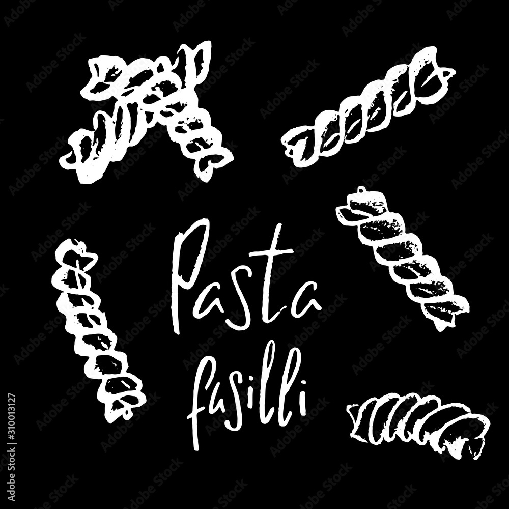 Italian pasta Fusilli white chalk vector illustration on black ...