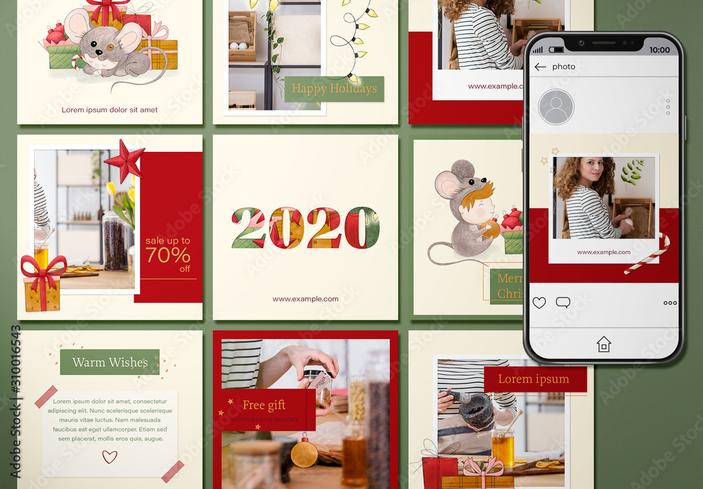 Social Media Post Template Set With Hand Drawn Christmas Illustrations ...