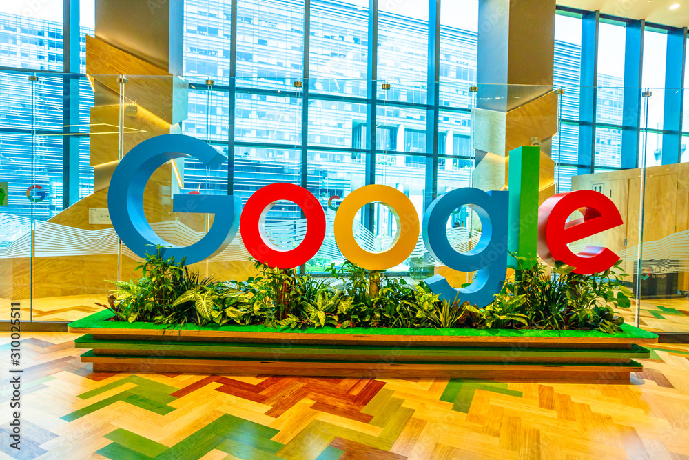 Singapore - May 5, 2018: Google logo inside the new offices of Google ...