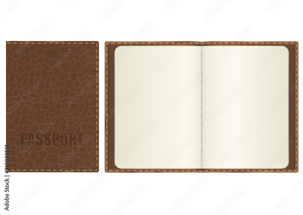 open passport in leather brown cover and closed. clean template for ...