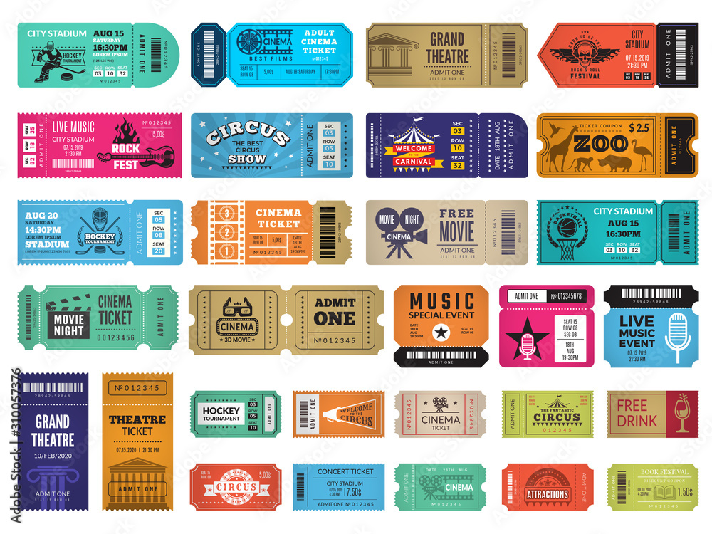 Event tickets. Circus cinema theatre sport event entrance invitation ...