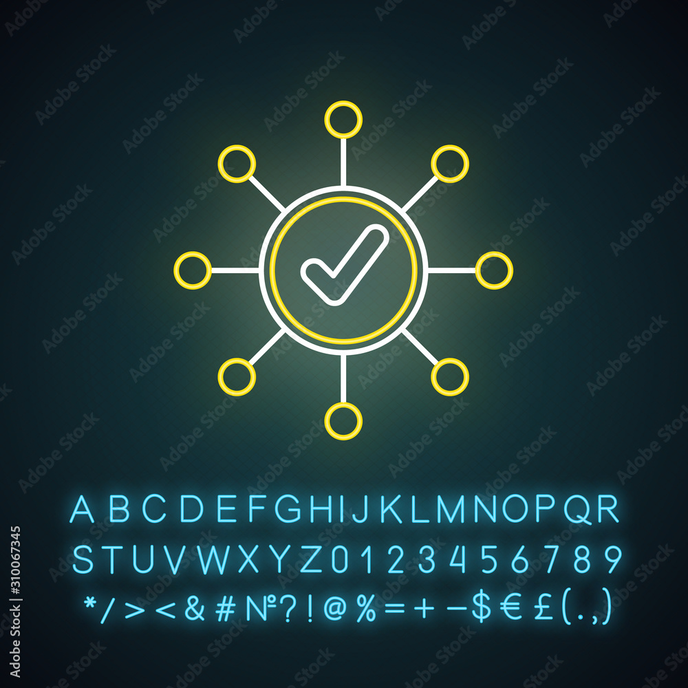 Vetor de Survey mark neon light icon. Correct answer. Right checkmark ...