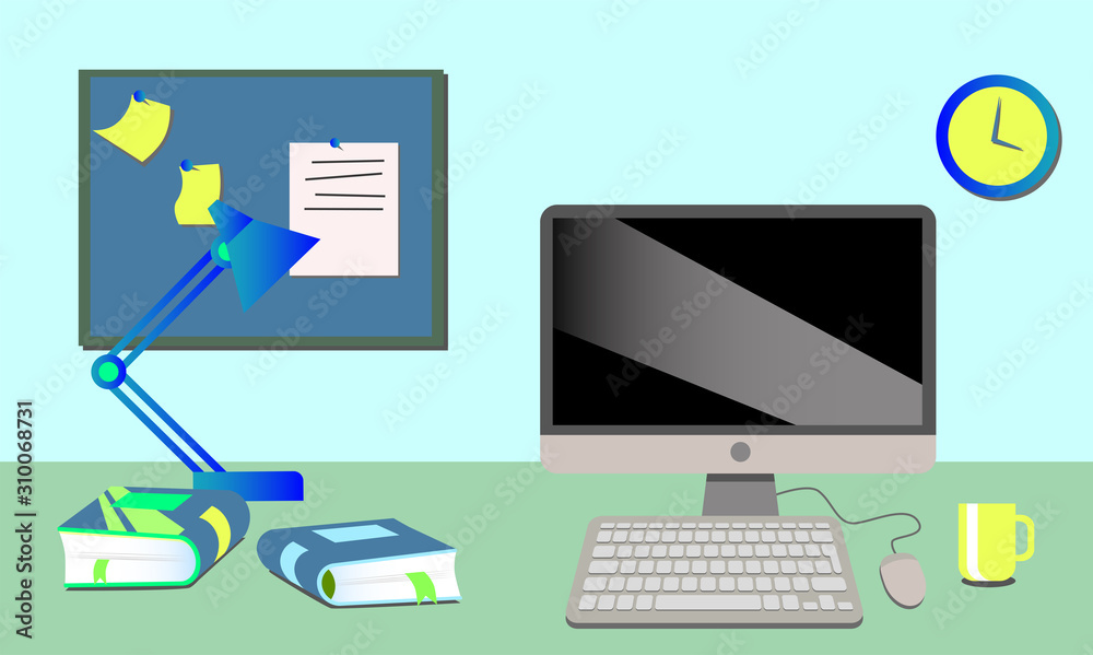 Vector illustration of a desk with a desktop computer, its keyboard ...