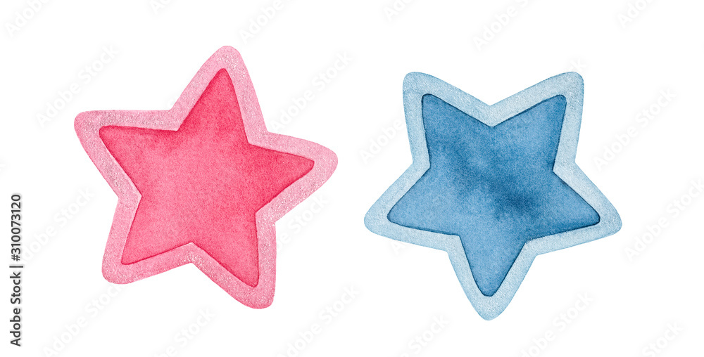 Watercolor illustration set of two cute star shapes decorated with tiny ...