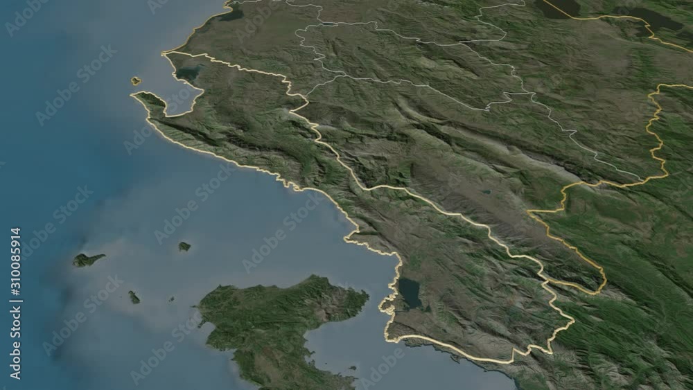 Vlorë, county with its capital, zoomed and extruded on the satellite map of Albania in the ...