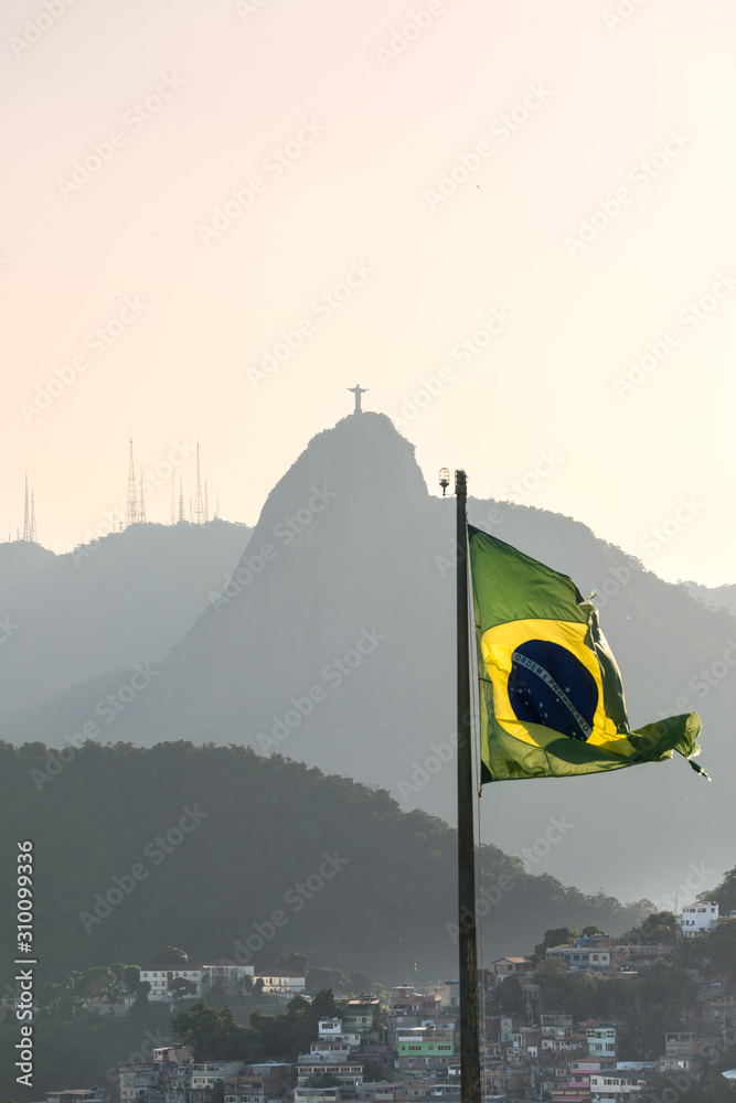 Brazil flag Favela Babilonia and Christ the Redeemer Stock Photo ...