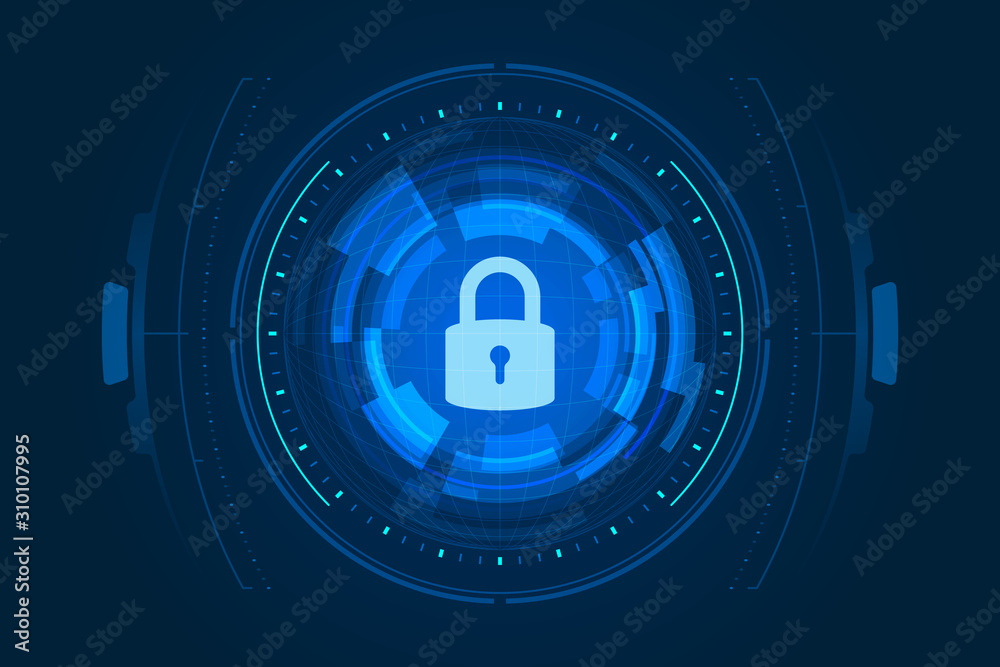 Cyber security illustration, lock icon and HUD on dark blue background ...