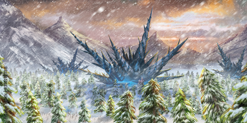 Winter Snow, Mountain, Pine tree Forest. Fantasy Backdrop. Concept Art ...