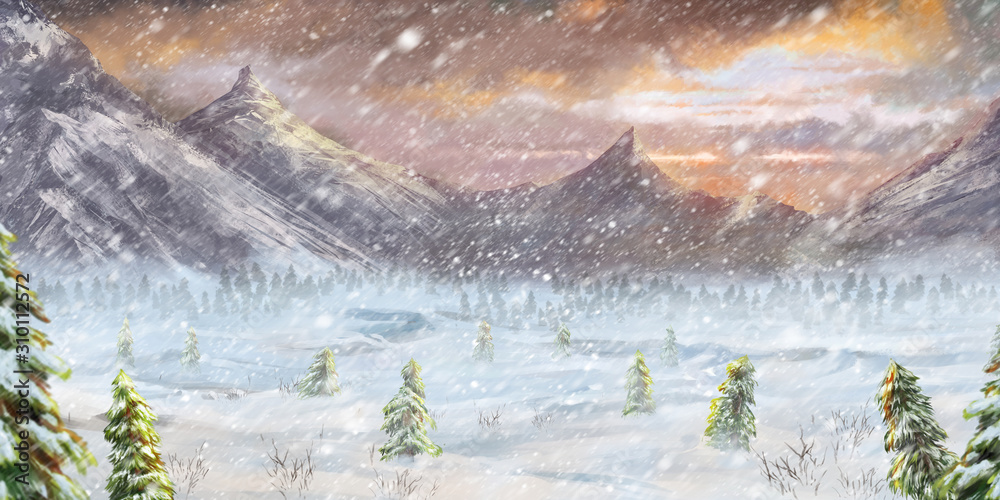 Winter Snow, Mountain, Pine tree Forest. Fantasy Backdrop. Concept Art ...