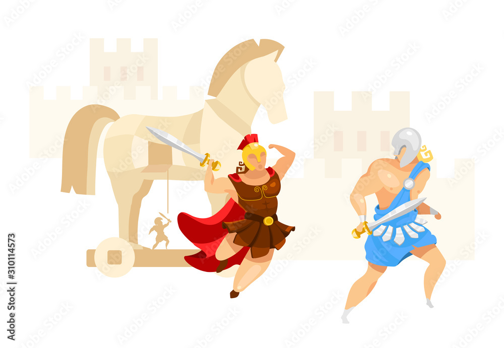 Trojan war flat vector illustration. Troy and Achilles. Warriors fight ...