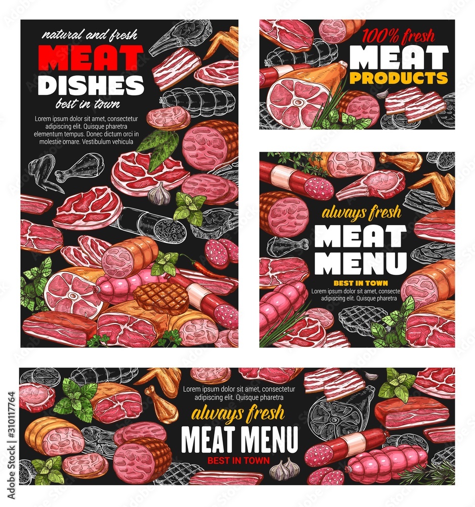 Butcher shop meat food menu, sausages and butchery gourmet delicatessen ...
