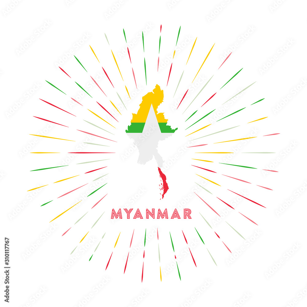 Myanmar sunburst badge. The country sign with map of Myanmar with ...