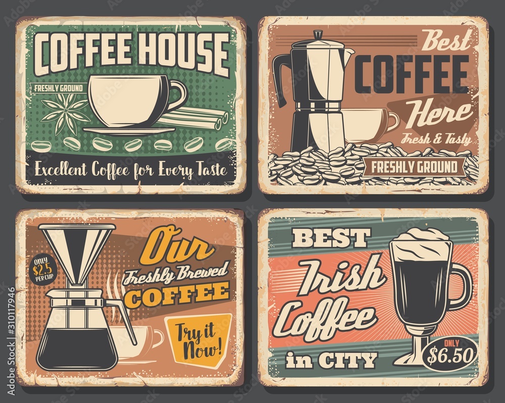 Coffee house retro grunge posters, cafe hot drinks signs. Vector ...