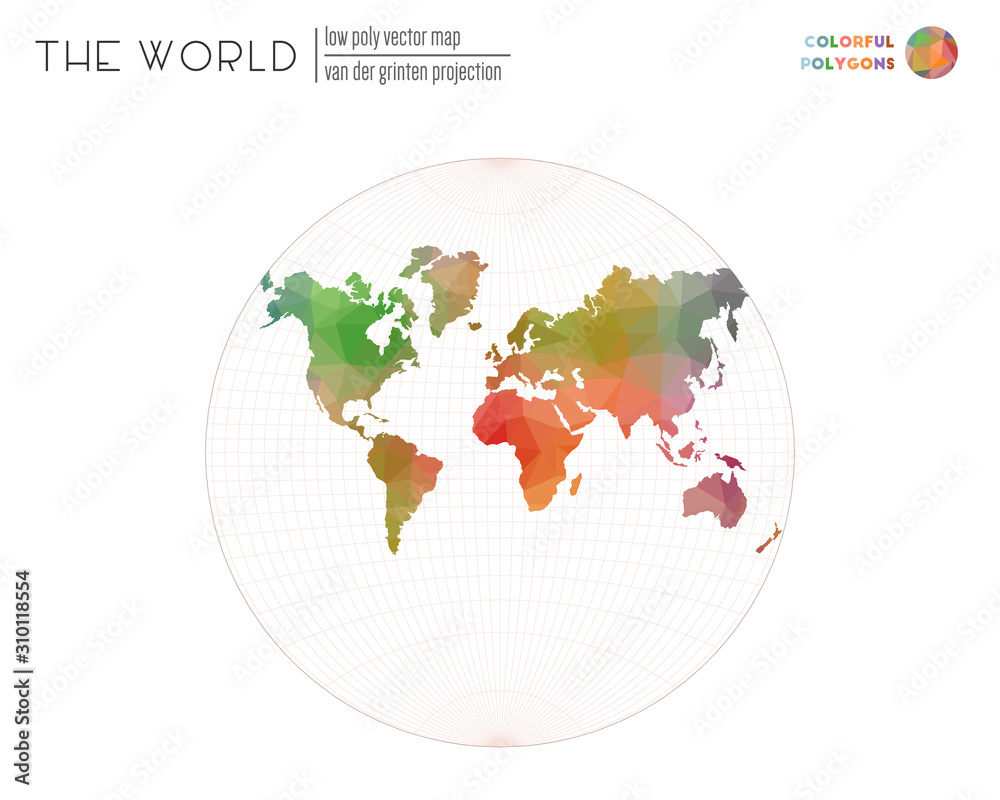 World map with vibrant triangles. Van der Grinten projection of the ...